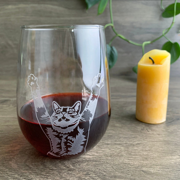 Stretch Cat Stemless Wine Glass Dishwasher Safe Etched Glassware Bread And Badger