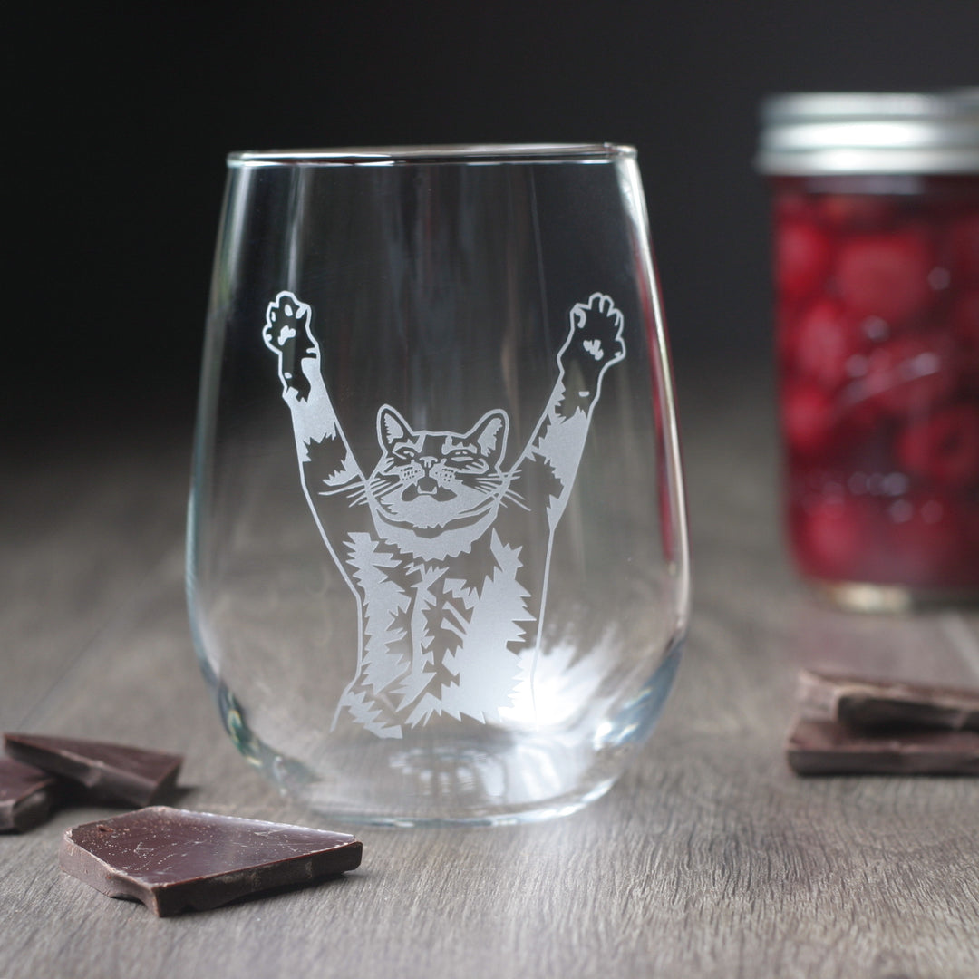Stretch Cat Stemless Wine Glass Dishwasher Safe Etched Glassware